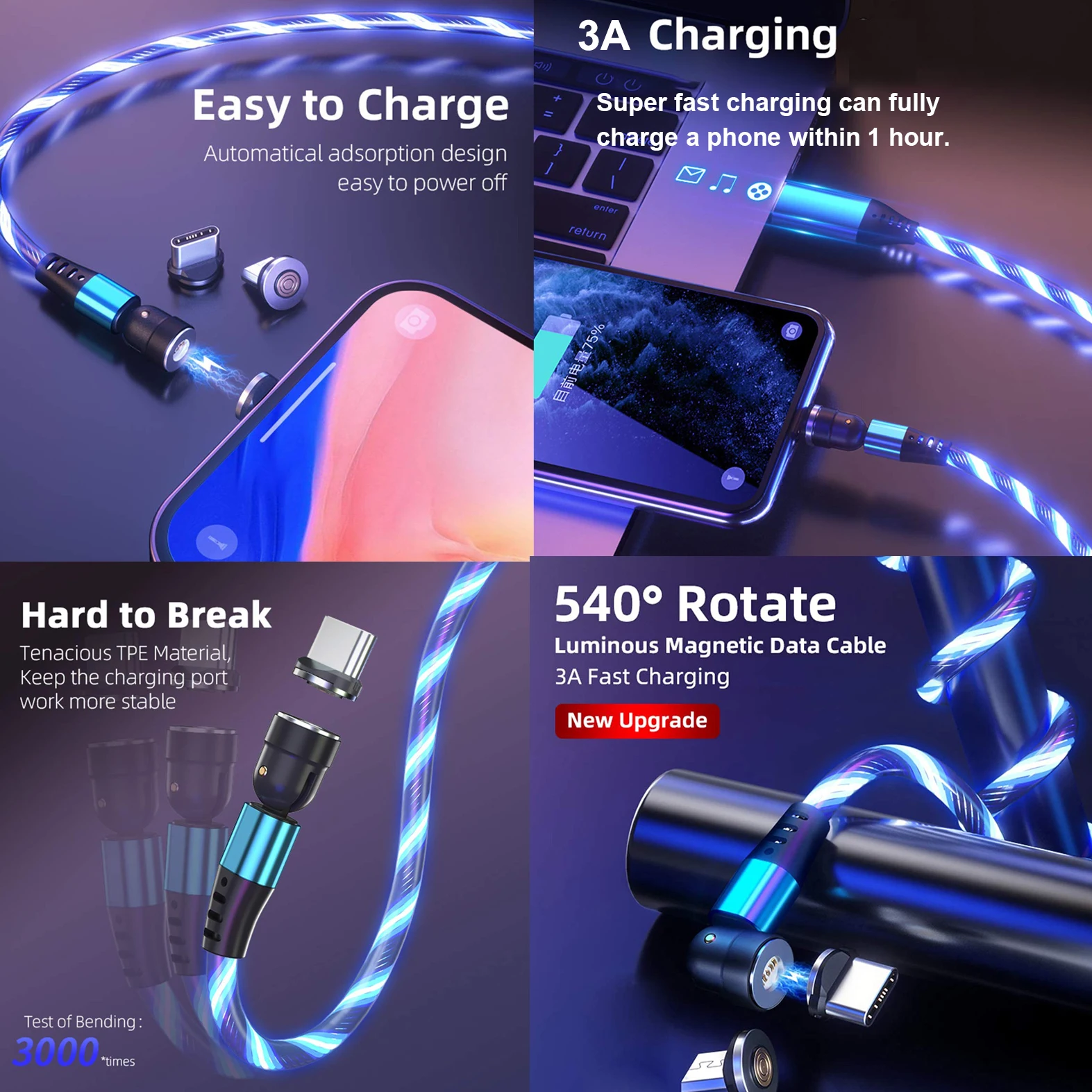 360 + 180 Degree Rotational Connector Luminous Cable Led Flowing Light ...