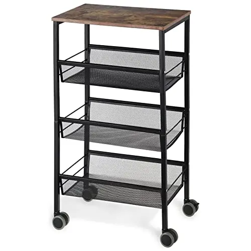 Rustic 4 Tier Metal Mesh Storage Pantry Cart Wood Top Kitchen Storage ...