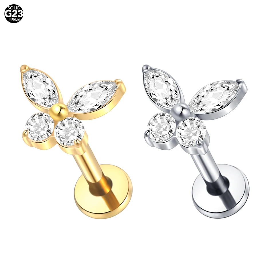 G23 Titanium Internally Threaded CZ Crystal Butterfly Top Flat Back Lip ...