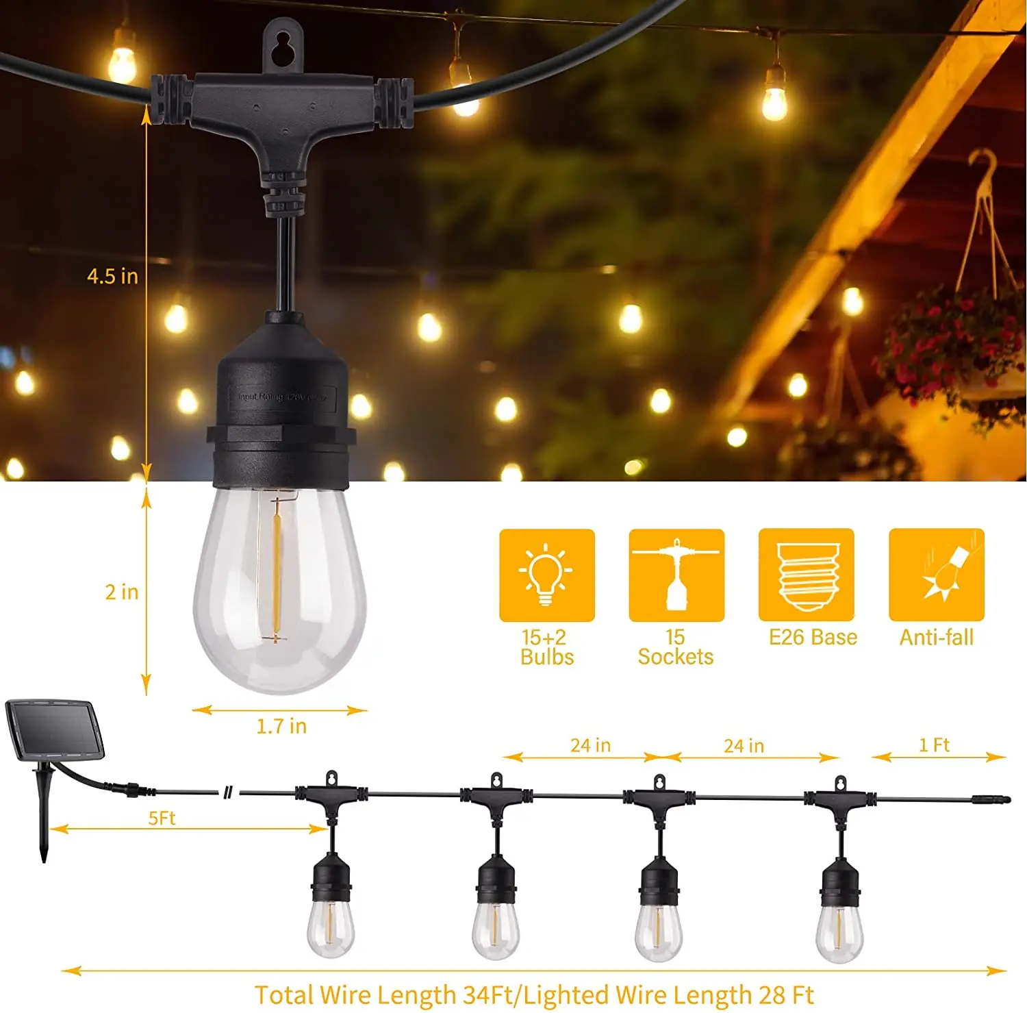 Outdoor S14 Solar String Patio Lights With 4 Lighting Mode, USB & Solar ...