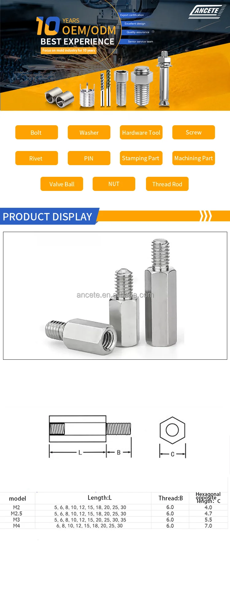 304 Stainless Steel Inner and Outer Single Head Hex Screw Hexagon Stud ...