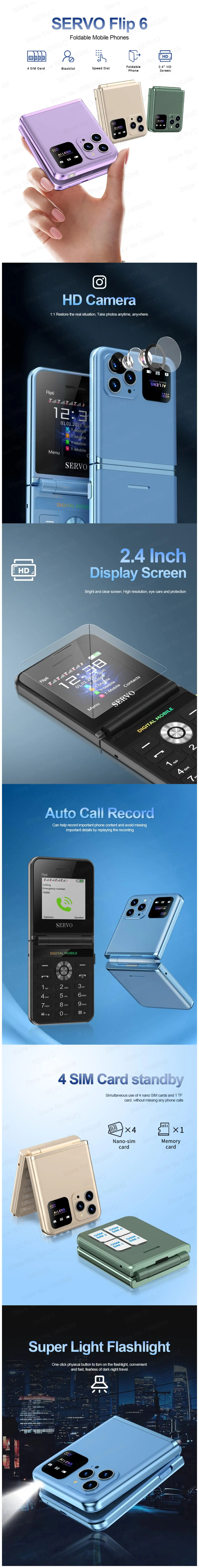 Servo Flip Phone 4 Sim Card Gsm Electric Torch Automatic Call Recording ...