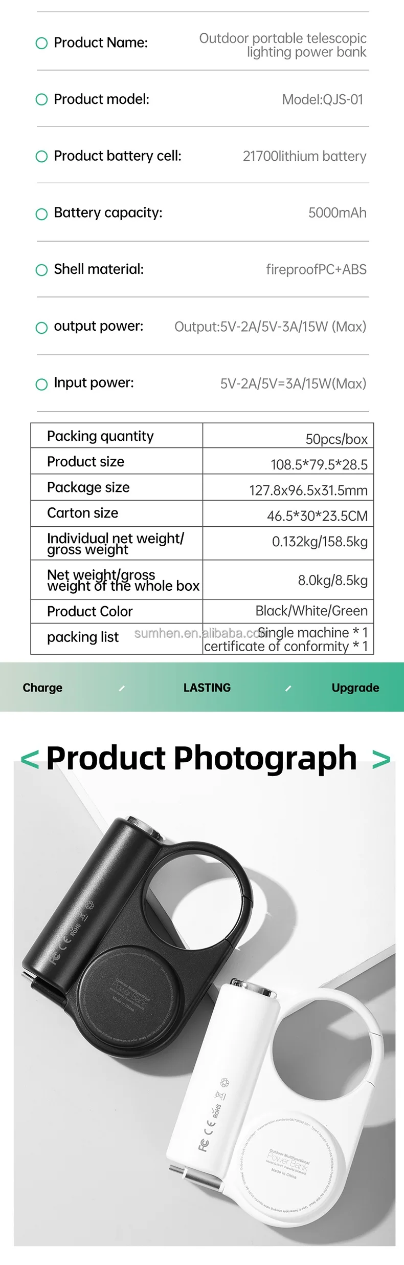 Outdoor Power Bank 5000mAh with Hook 15w Fast Charge Phone Battery ...