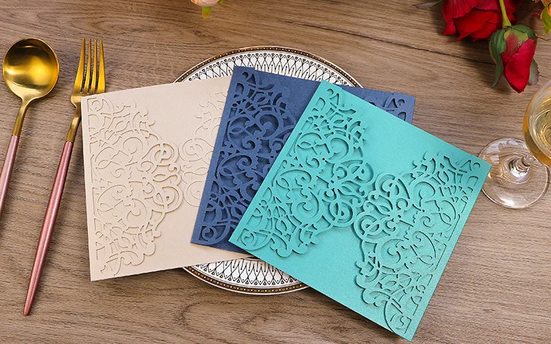 Laser Cut Navy Blue Wedding Invitation Card with Silver Glitter Belt ...