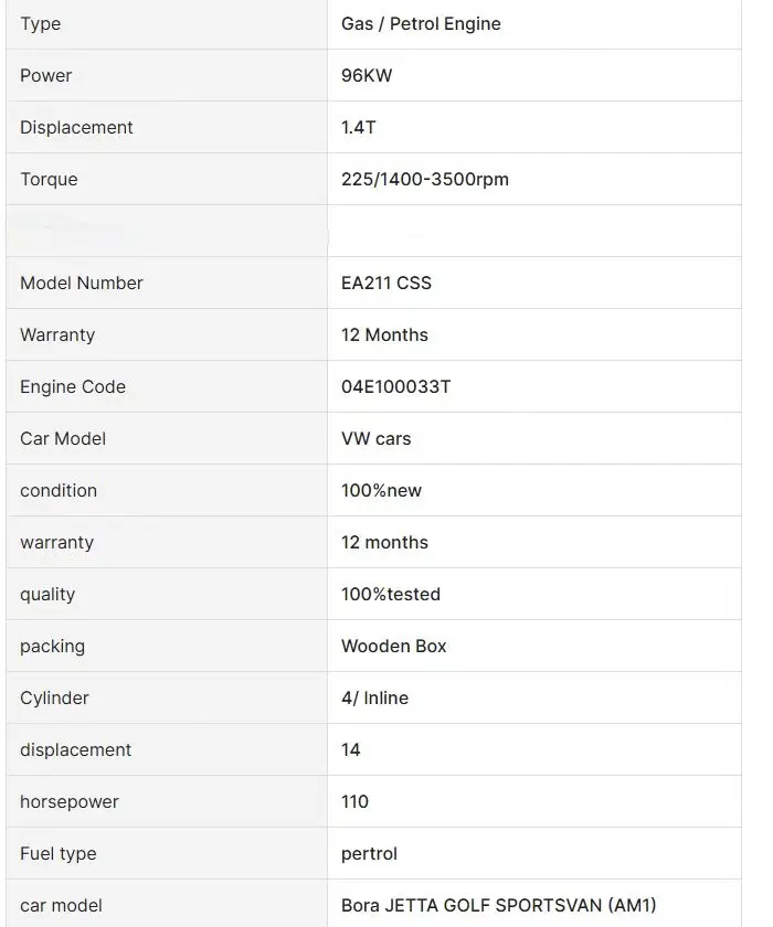 HOT SALES EA211 CSS 1.4TSI Engines for VW Brand Skoda Bora