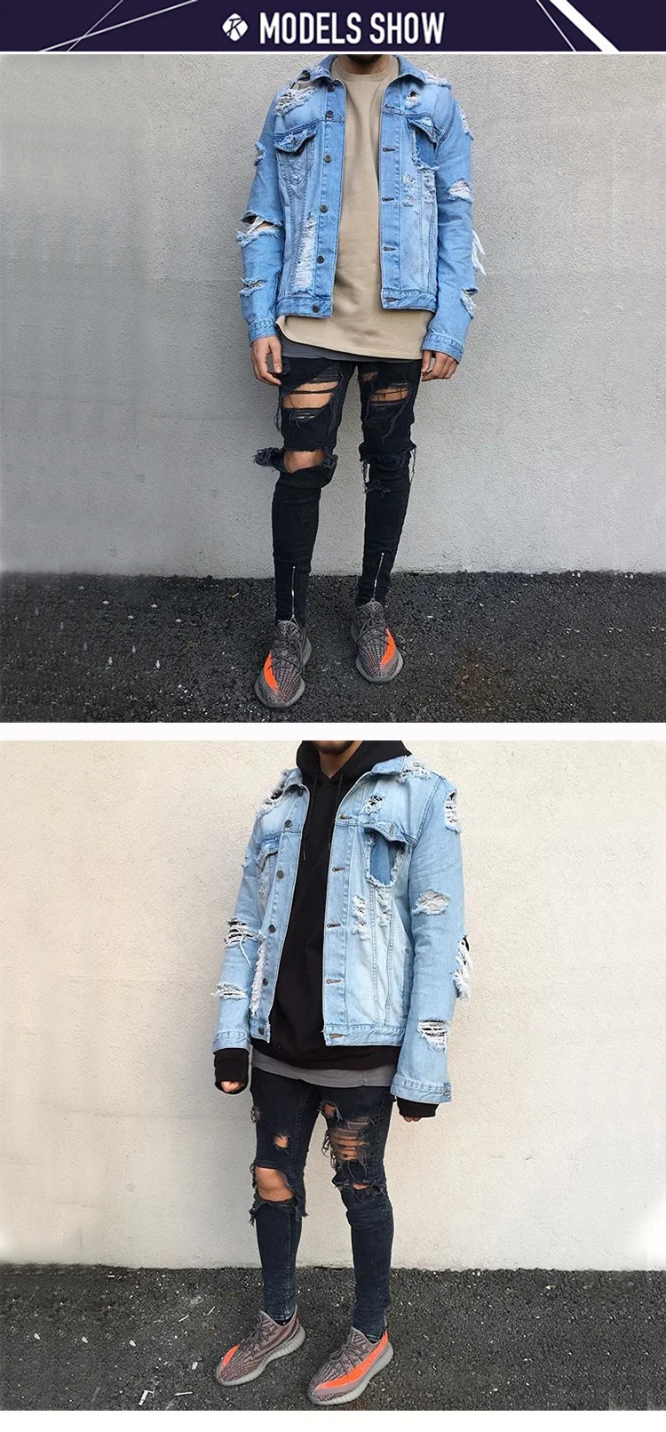 Shop Custom Blue Slim Heavy Ripped Bomber Jeans Jackets