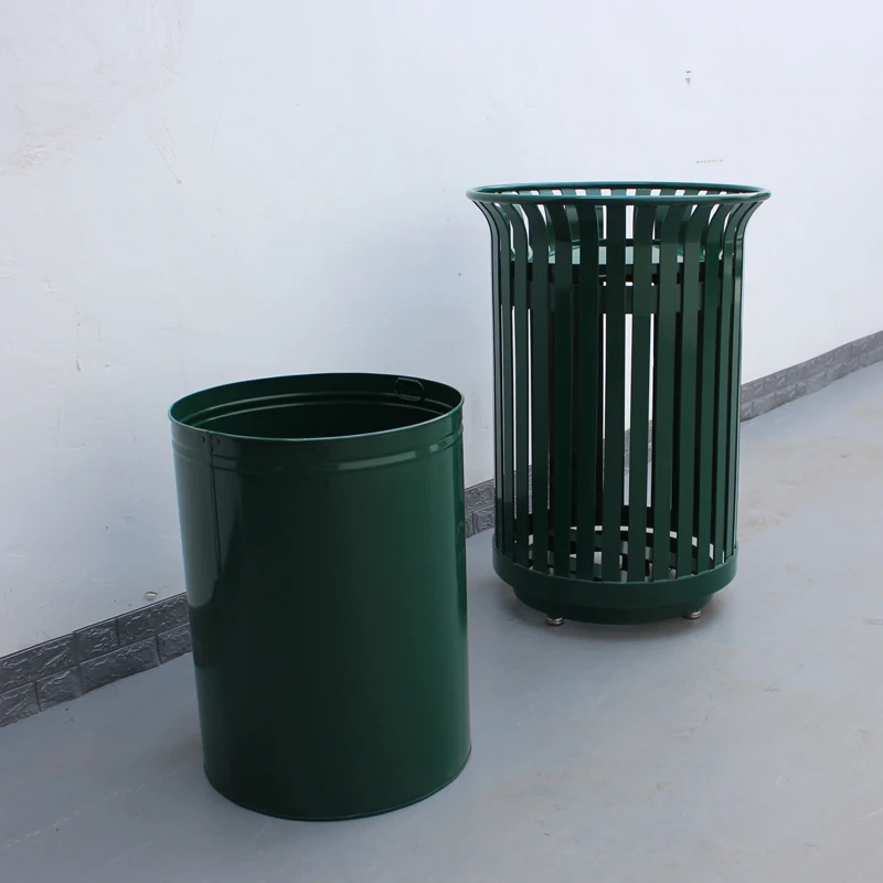 Powder Coating Metallic Round Metal Trash Can With Lid Outdoor Street ...
