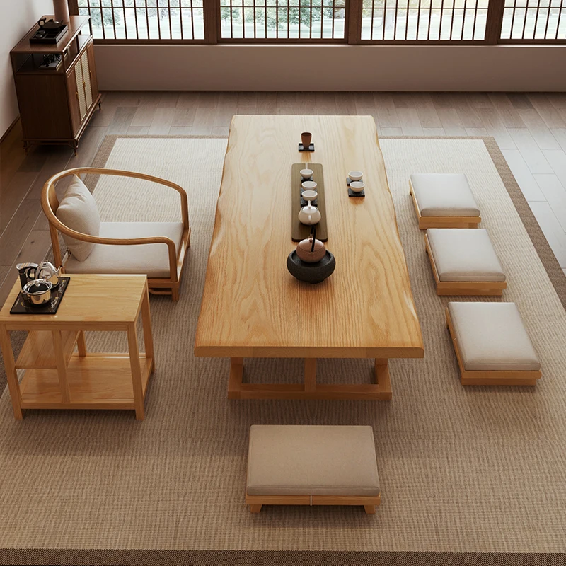 Solid Wood Japanese Tea Table and Chair Set - Modern Tatami Zen Dining ...