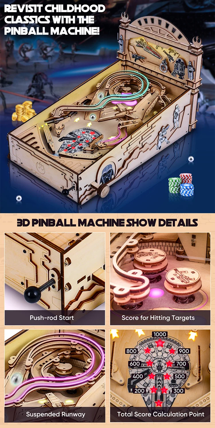 Diy Assemble Toys Casual Tabletop Game Wooden Pinball Machine Model ...