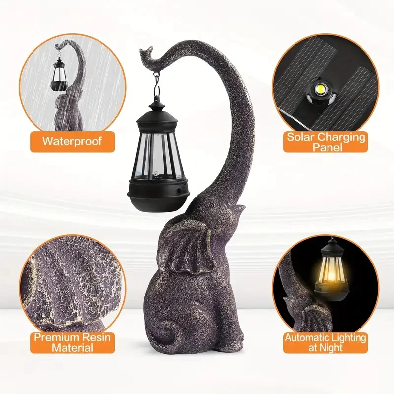 Resin Statue Lantern Light Garden Decor Elephant Ornaments Solar Resin ...