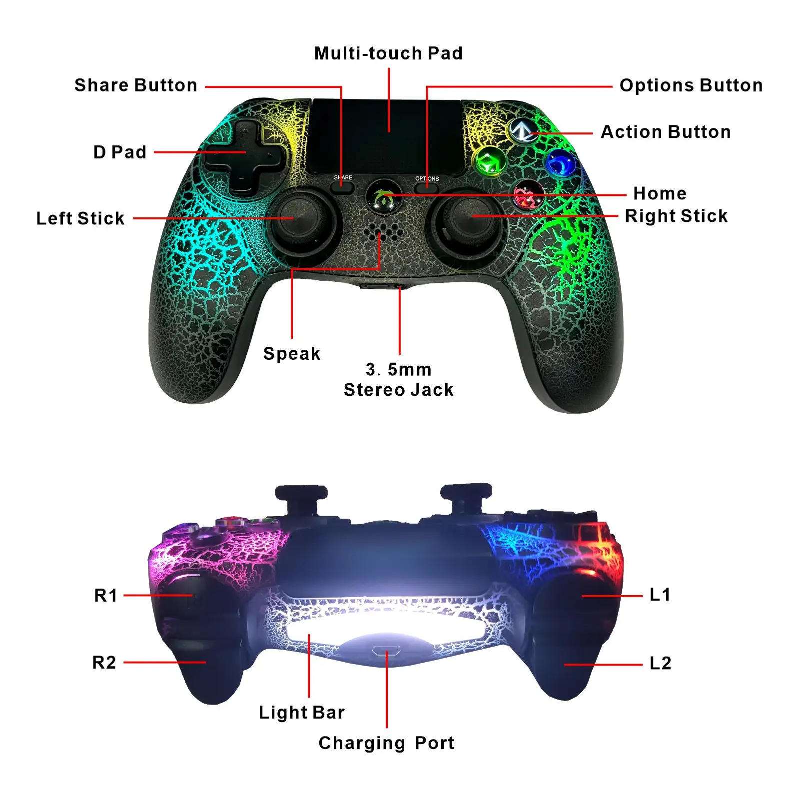 Ishako Bt Wireless Controller Gamepad For Ps4 Game Controller With Rgb ...