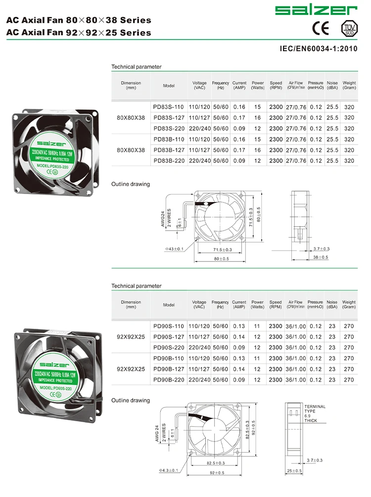 SALZER PD230B-220 220VAC Ventilation Axial Flow Fan - TUV CE