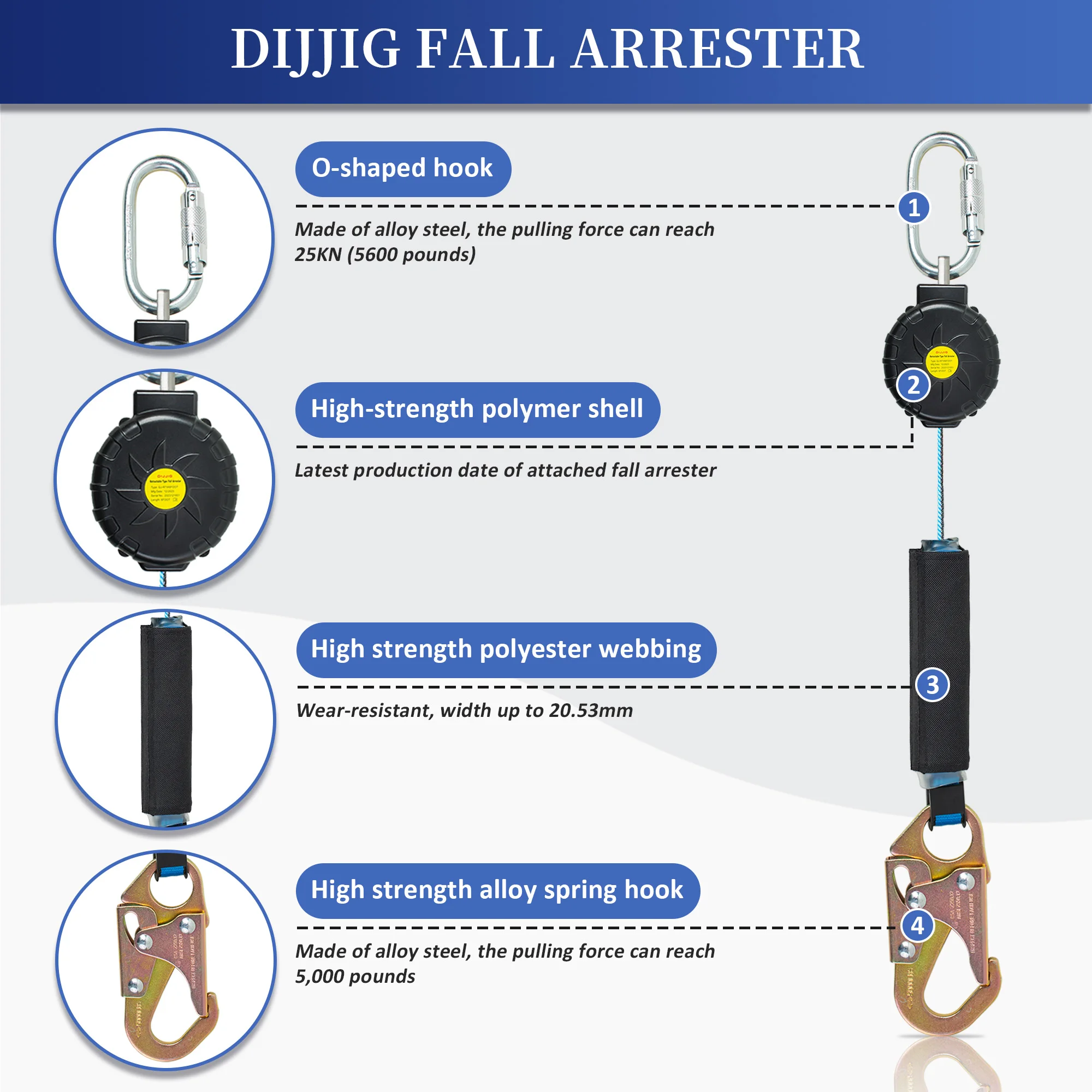 High Strength Retractable Wire Rope Fall Arrester - Durable