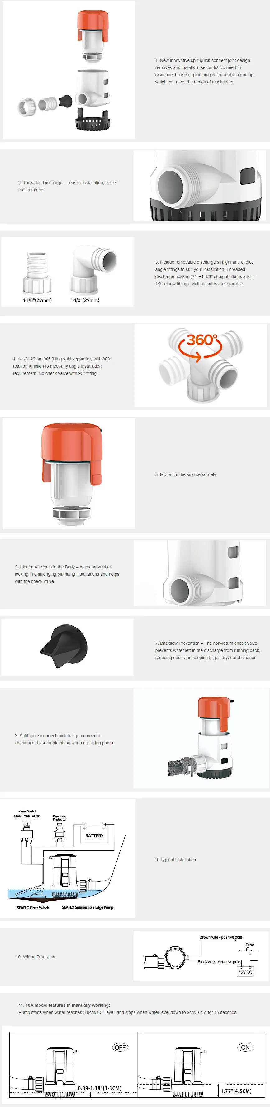 Sea Flo Marine 12v Bilge Pump New Innovative Split Quick-connect Joint ...