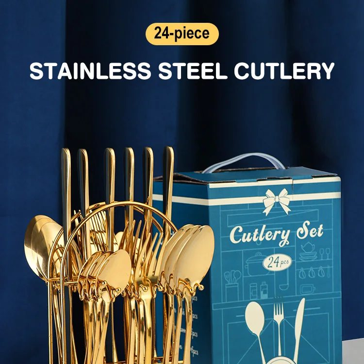 Hanging Gift Box Gold Stainless Steel Flatware Cutlery Set 24pcs With ...