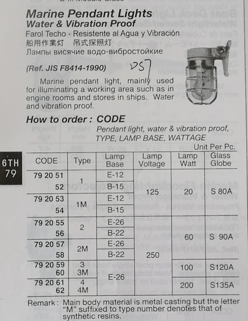 IMPA 792057 - Marine Pendant Light - Waterproof & Vibration Proof