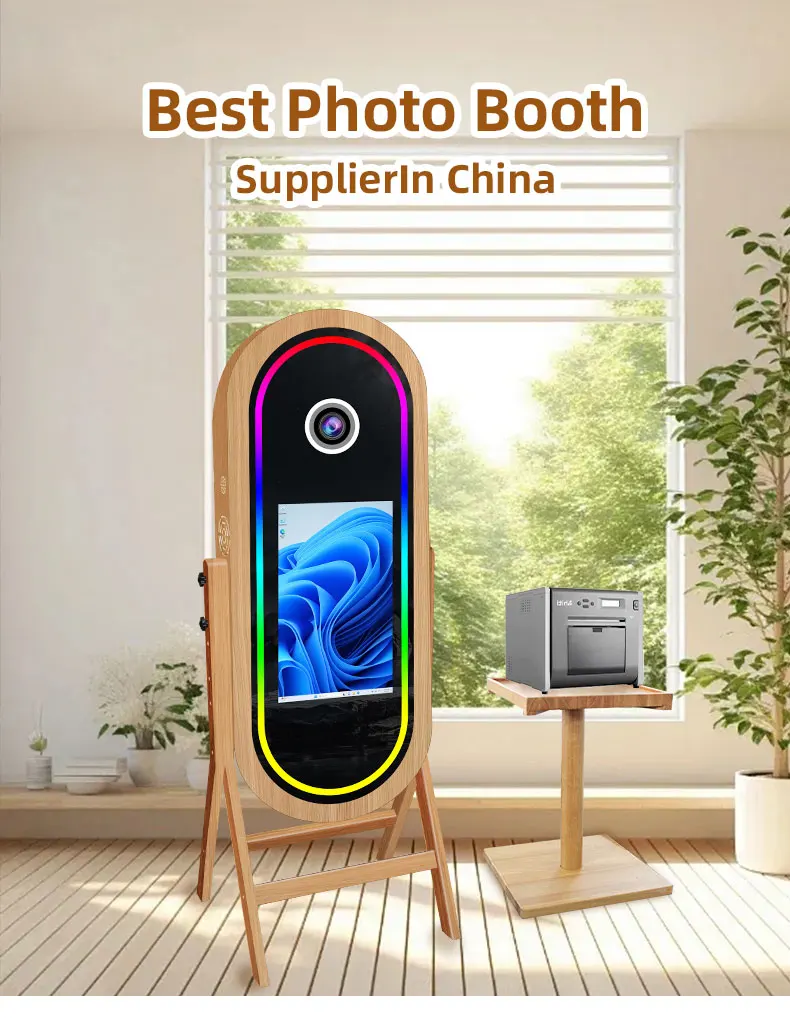 2025 Wooden Magic Mirror Photo Booth With 21.5 Inch Touch Screen Camera Printer Digital Oval ...