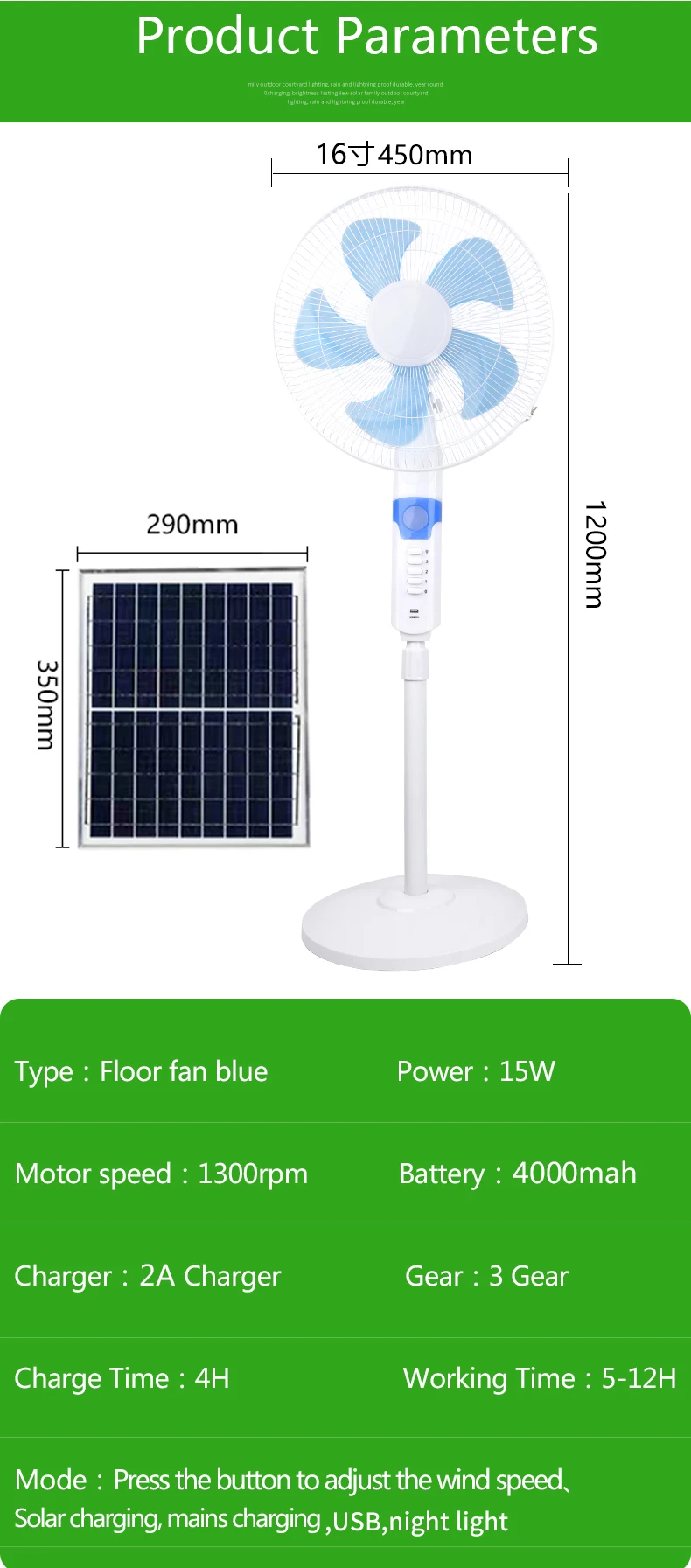 Custom 16 Inch Solar Power Ac Dc 12V Fan with Solar Panel Led Light ...