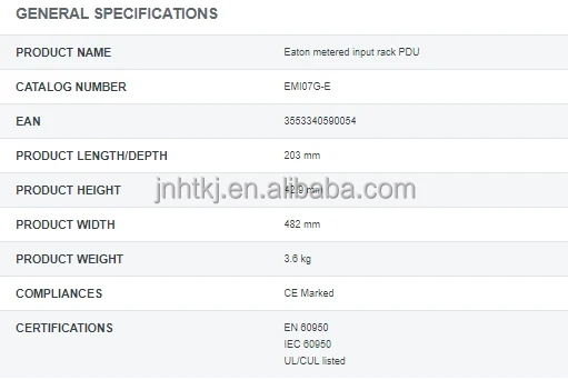 Eaton PDU EMI07G-E Eaton EPDU Metered Input, EPDU MI 1U (C20 16A 1P ...