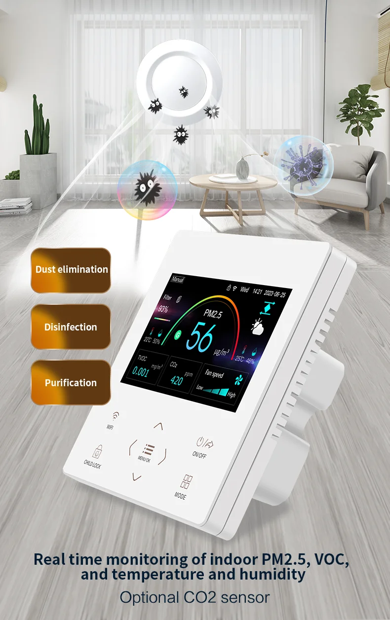 LCD Color Screen Wifi Smart Digital Room VOC PM2.5 CO2 Temperature and Humidity Fan Controller ...