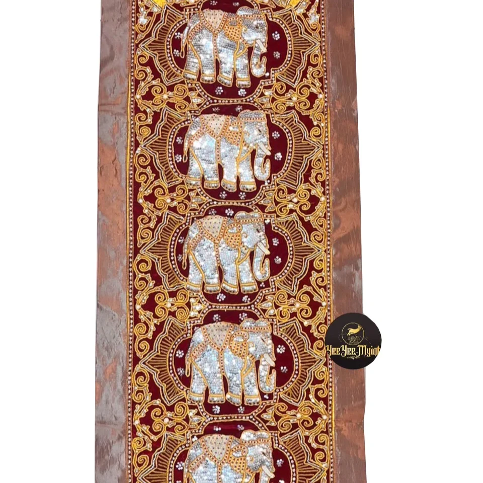 Handmade Of Myanmar 5 Elephants Vertical Embroidered With Beads And ...