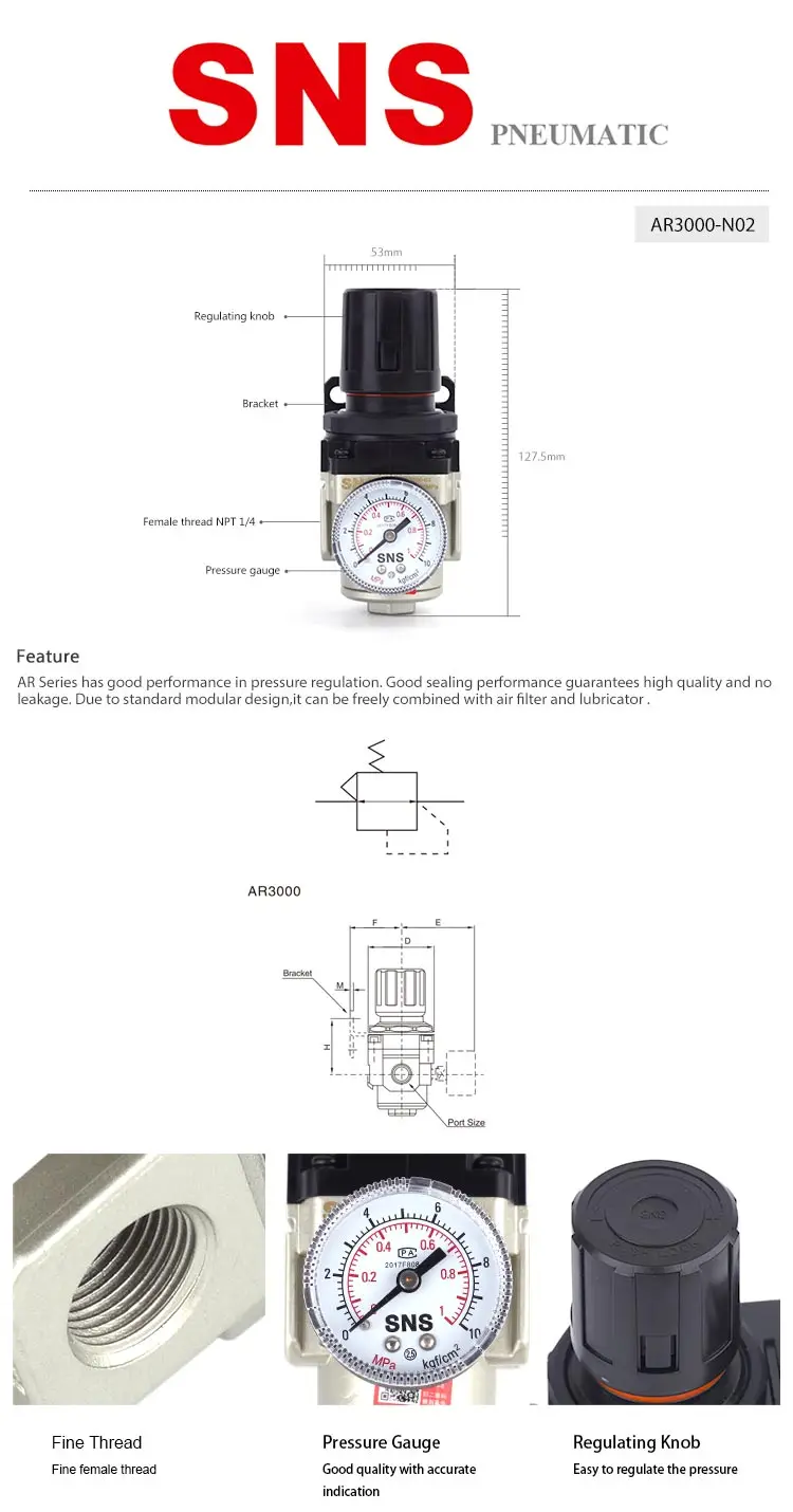 SNS AR3000-N02 Pneumatic Air Pressure Regulator with Gauge