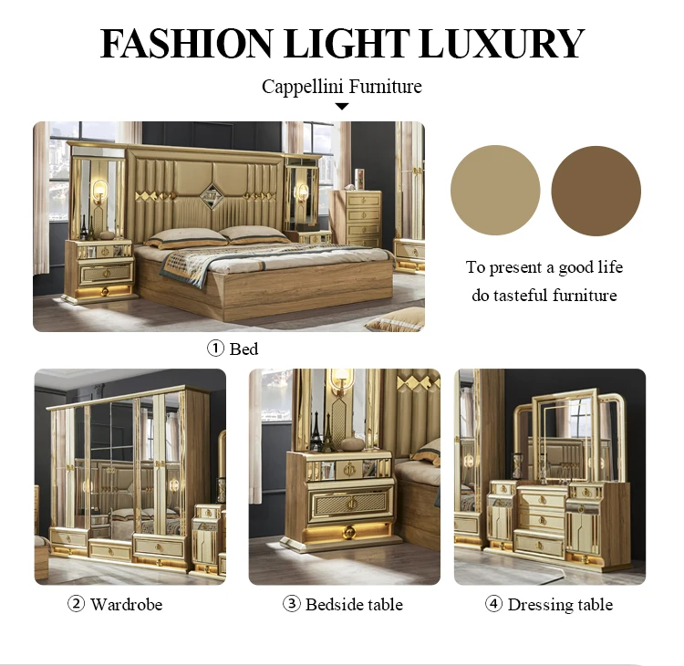 Classic Royal Chambre A Lit Coucher Luxe Complet Gold King Size Bed Set ...