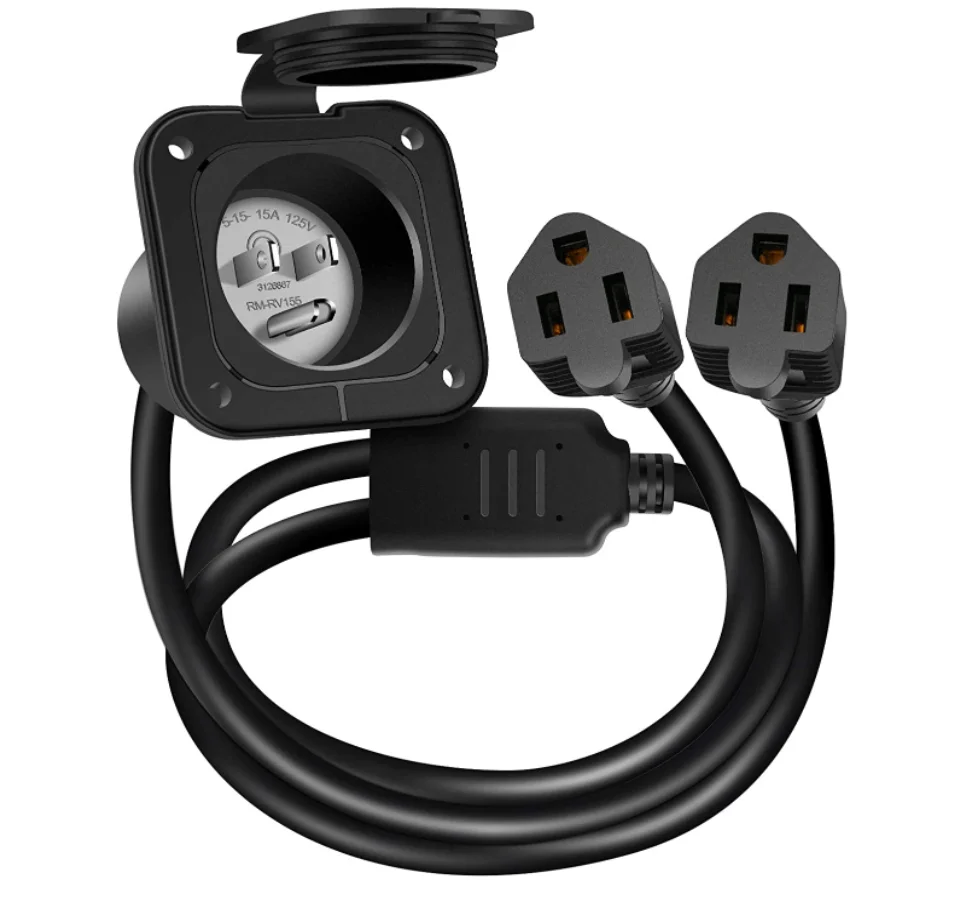 15 Amp 125V AC Power Inlet Port Plug with Dual Extension Cord
