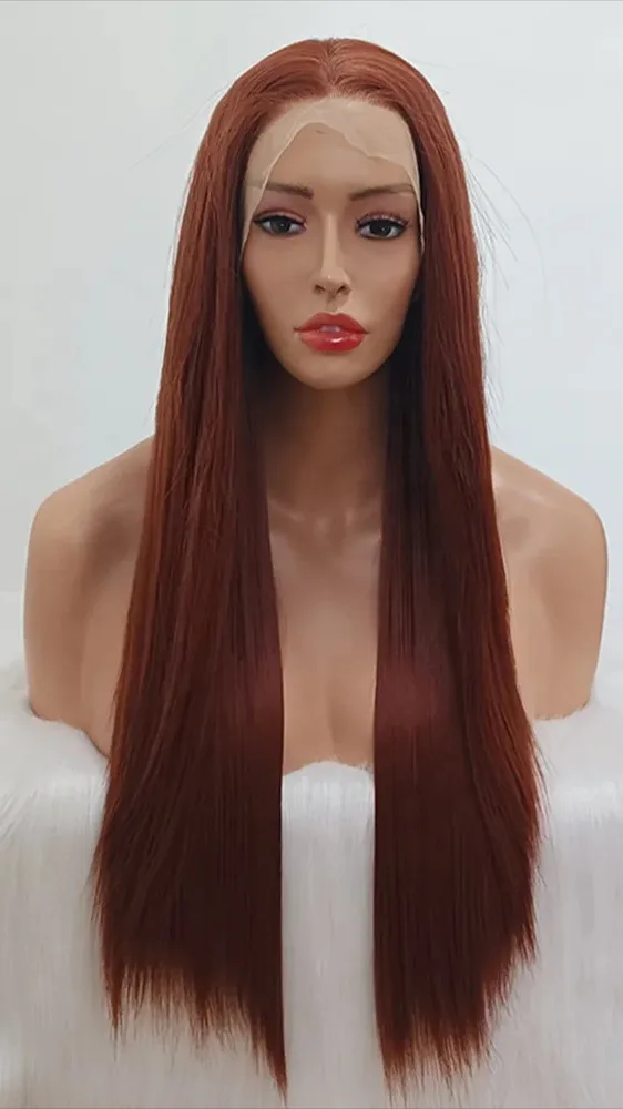 Natural Looking Copper Red Synthetic Lace Front Wig Long Straight Heat ...