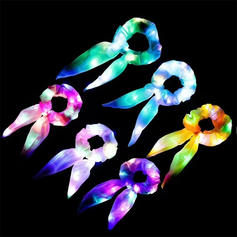 Women Led Luminous Flash Velvet Scrunchies Elastic Rubber Bands Solid ...