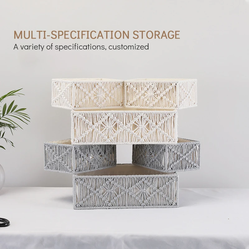 Handmade Woven Decor Macrame Storage Baskets Box Organizer With Wood ...