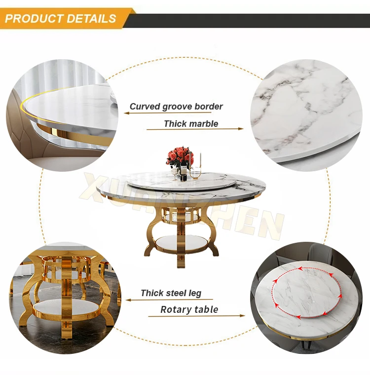 Modern Round Marble Dining Table Set for 6 - Stainless Steel & Gold ...