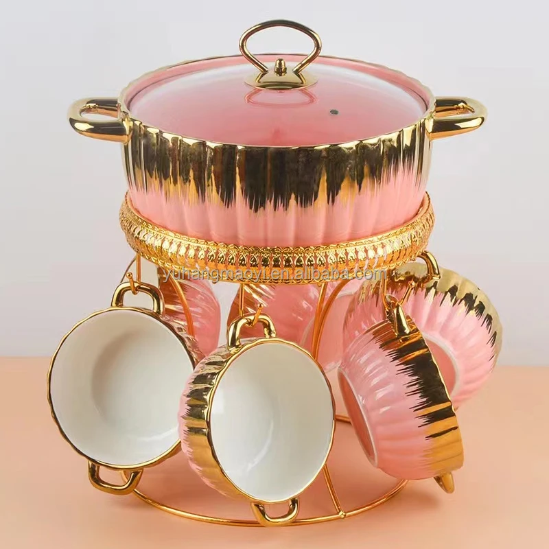 9PCS Color Glazed Dinner Set Gold Plated Ceramic Soup Pot Set With Two ...