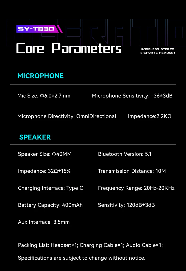 SY-T830 RGB Cat Ear Children Wireless Noise Cancelling Headset