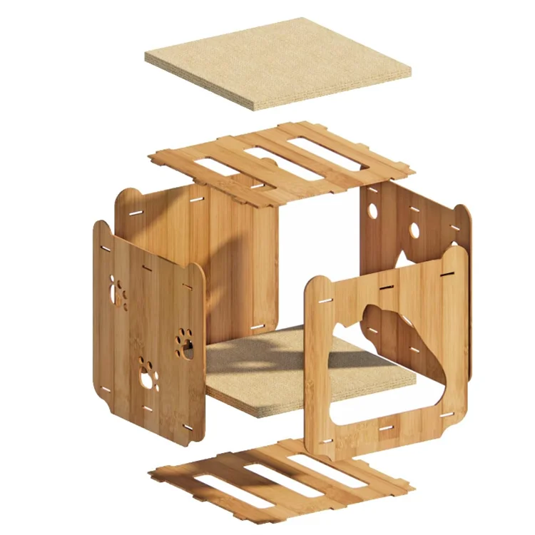 Wooden Cat House Bed Cardboard Cat Scratching Post Indoor Solid Wood