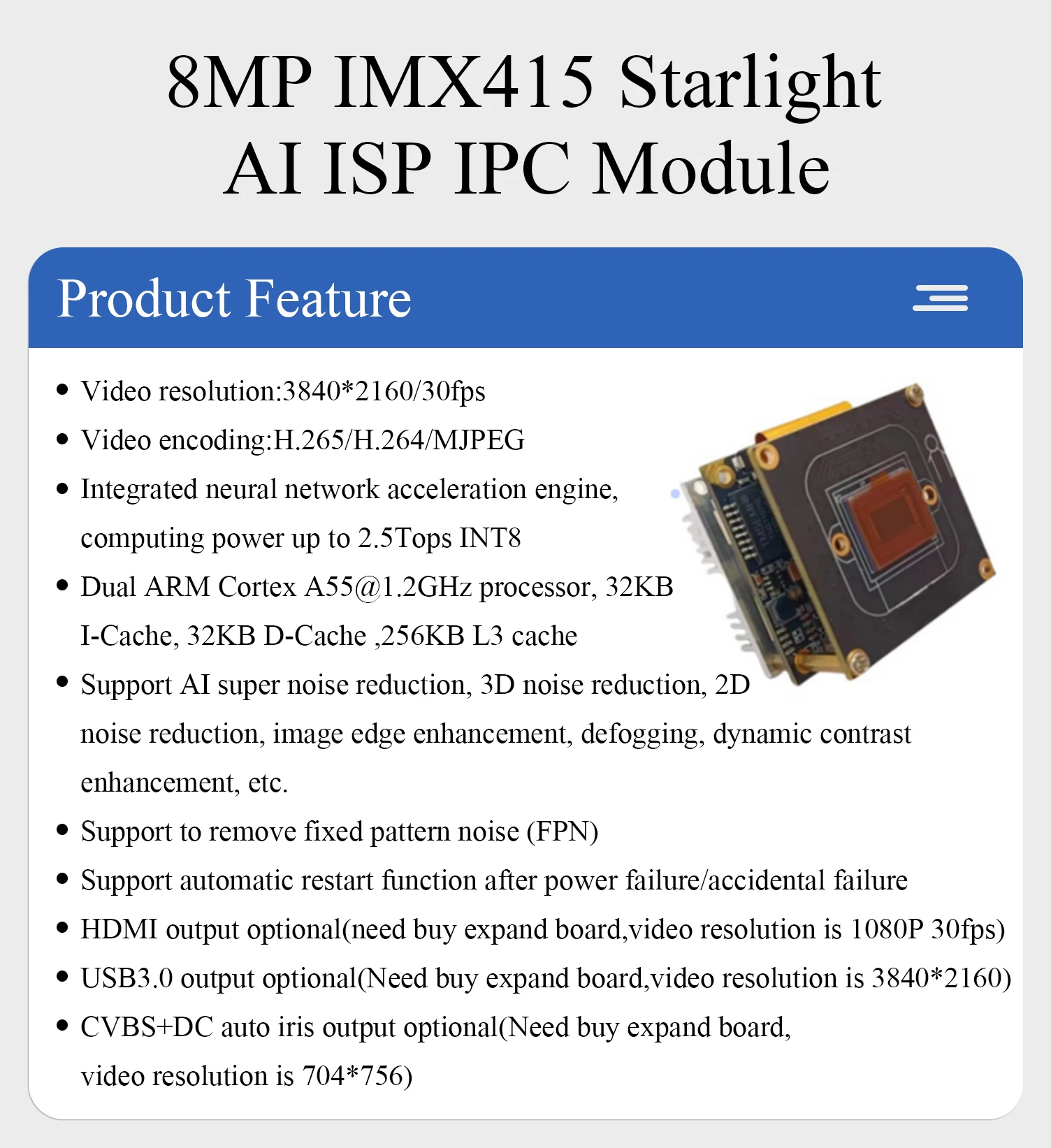 4K 8MP 30FPS cctv security camera module ,AI nighvision chips, 120dB ...