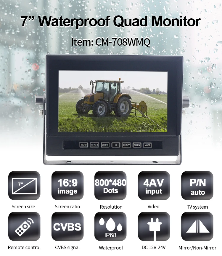 Aotop Open-air Working Vehicle Rear View Waterproof 7" Monitor Quad ...