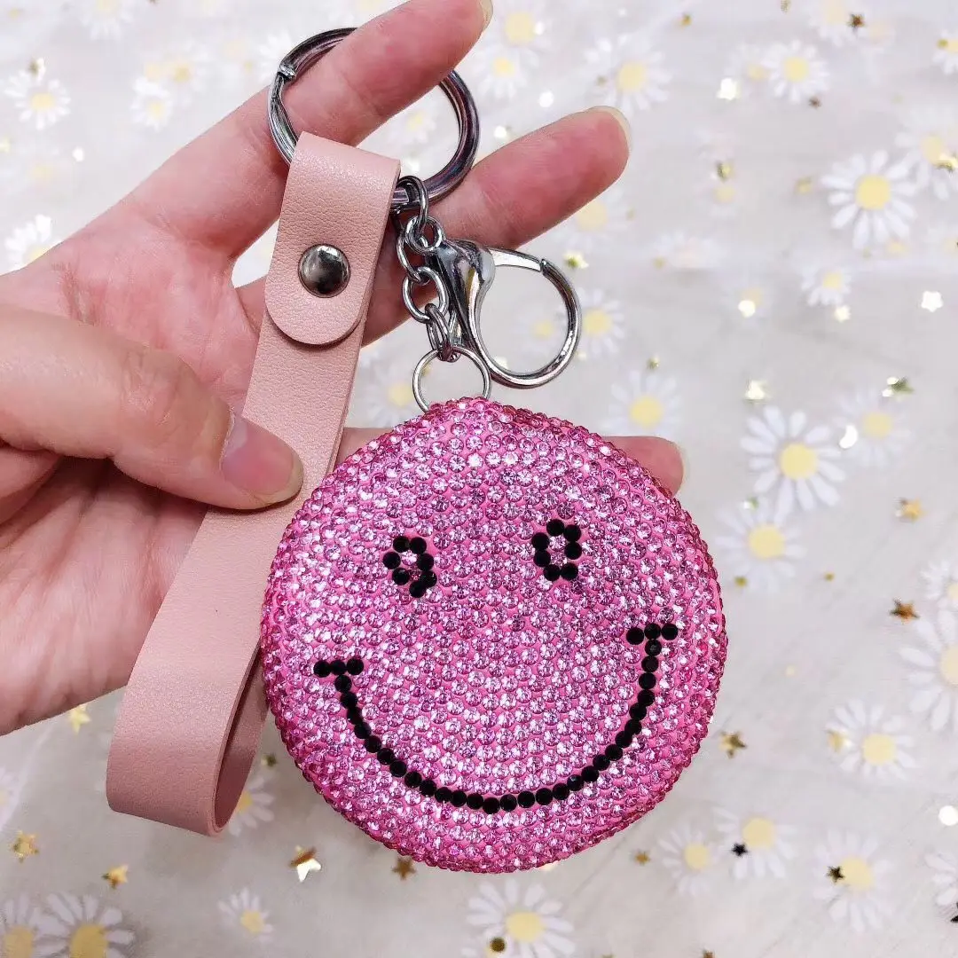 Lovely Smiling Happy Face Mirror Key Ring Diamond Handy Makeup Mirror ...