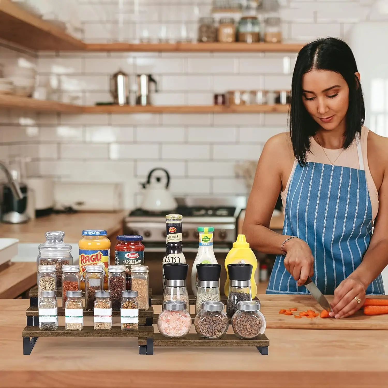 3-Tier Wooden Spice Rack Organizer 2-Piece Extendable Spice Rack Shelf ...