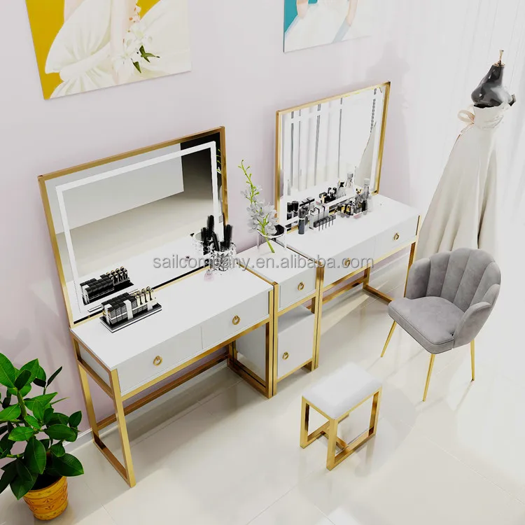 Makeup Vanity With Lighted Mirror White And Gold Vanity Table Set With ...