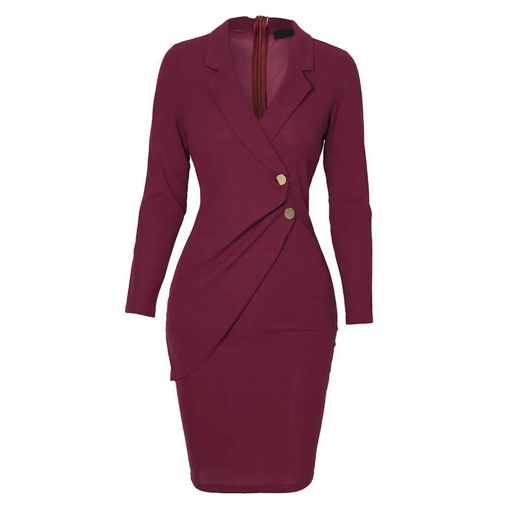 Business Clothing Long Sleeve Slim Fit Knee Length Office Dresses ...