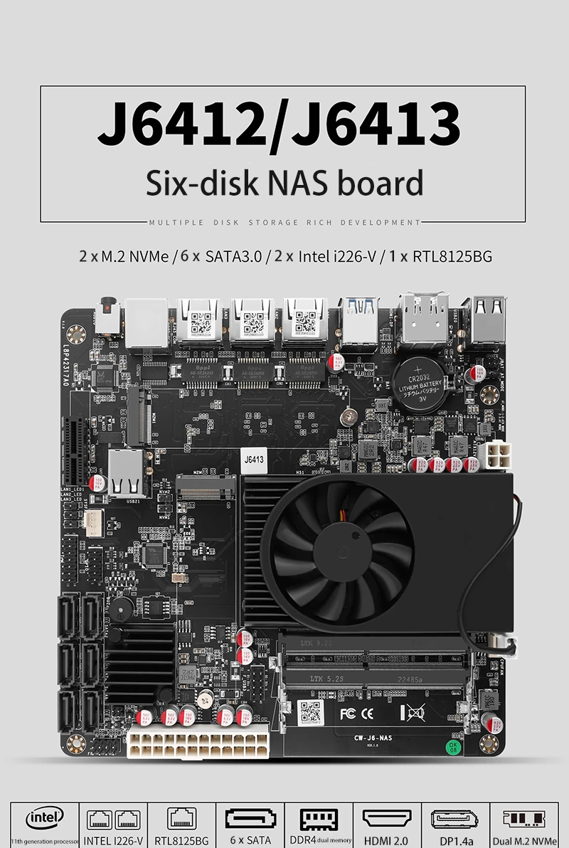 Nas Motherboard J6413 J6412 2*i226-v 1*rtl8125bg 2.5g Lans 2*nvme 6*sata3.0 2*ddr4 1*pcie Mini ...