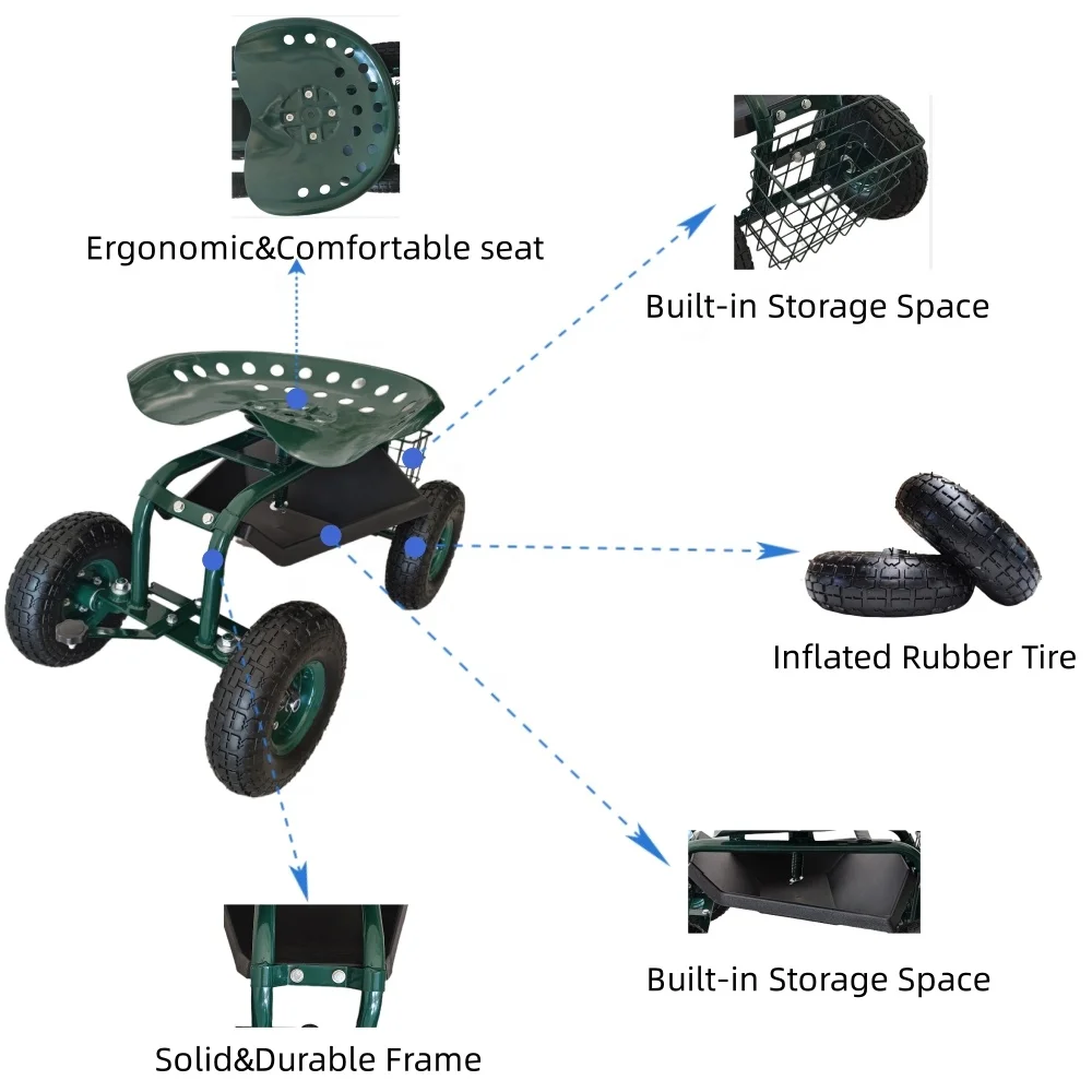 Heavy Duty Garden Cart with Seat Steel Four-Wheel Rolling Stool OEM ...