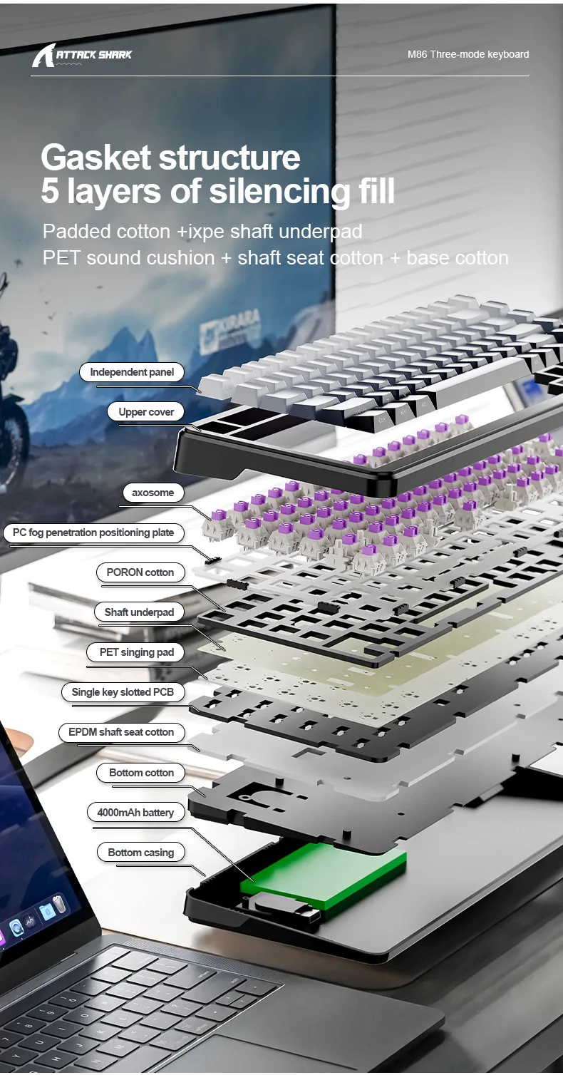 Attack Shark M86 Wireless Mechanical Keyboard BT RGB Three-mode Customized Gaming Side Engraved ...