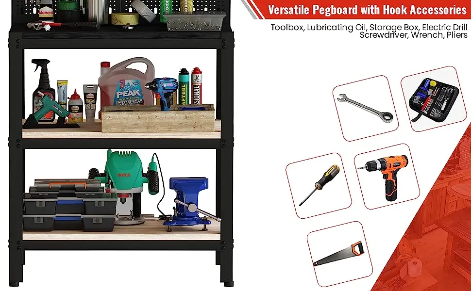 Garage Workbench 3 Tier Work Bench Table With Pegboard & 2 Open Shelves ...