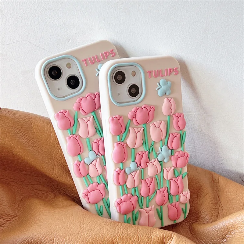 Korea Cute 3D Tulip Flower Butterfly Phone Case for iPhone 15 14 13 12 ...