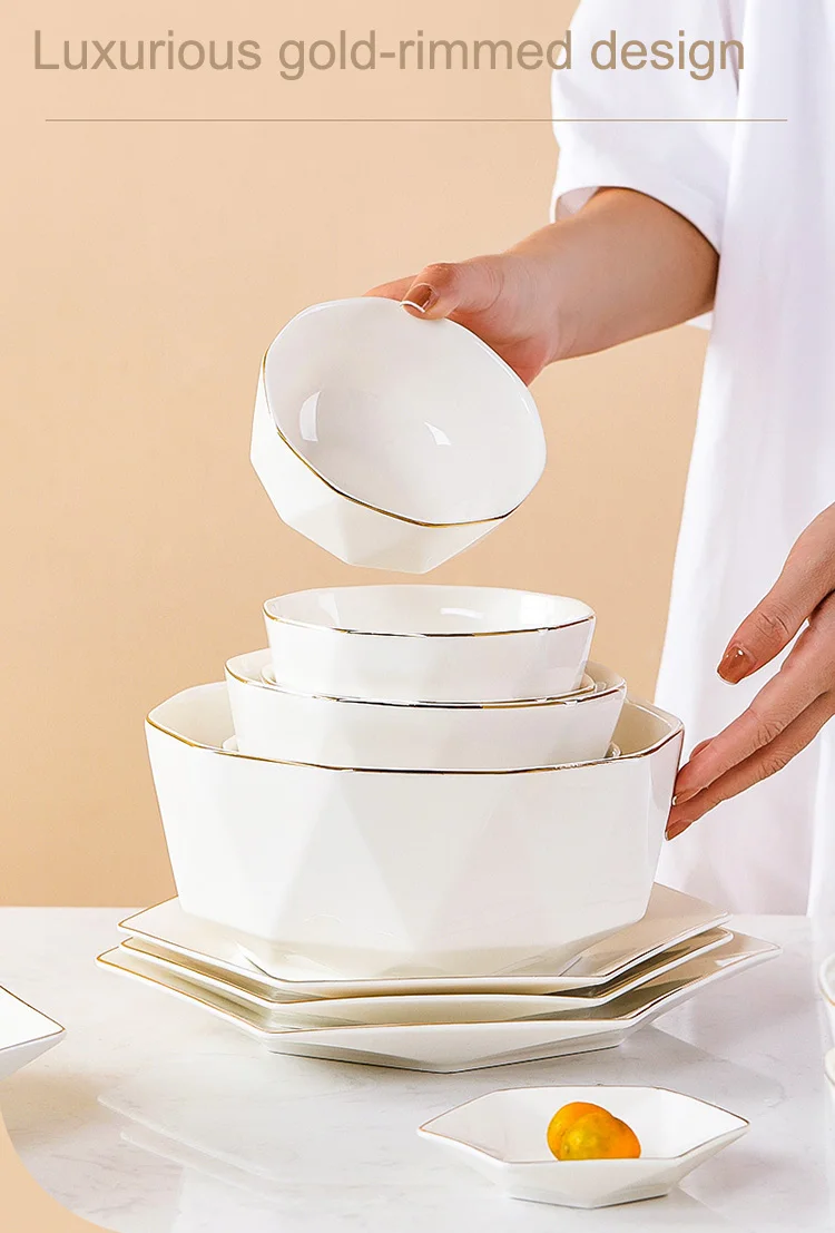 Simple Nordic Hexagonal Ceramic Plates and Bowls Set Luxury Gold Rim ...