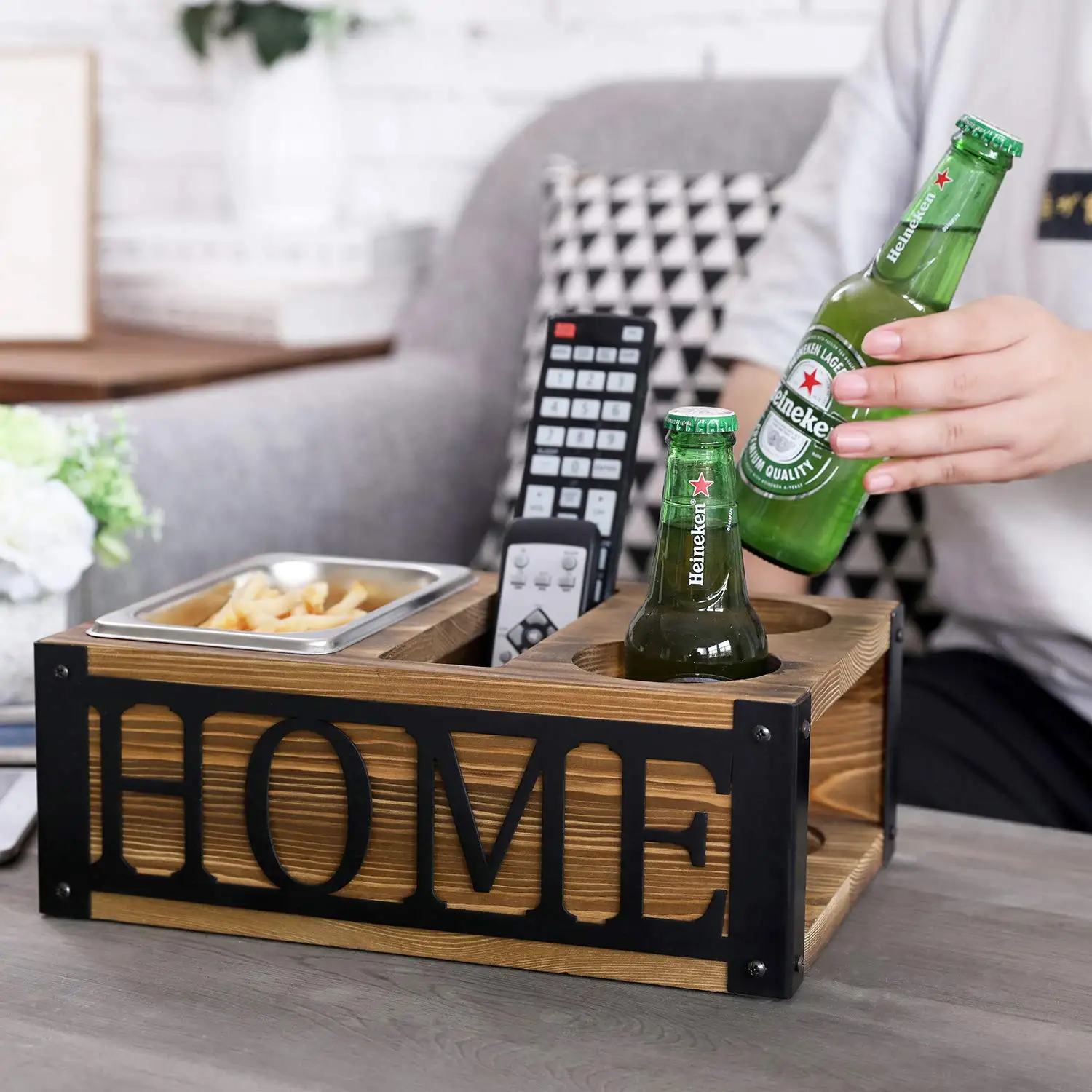 Wooden Sofa Snack Tray Caddy For Drinks Snacks And Remote Control ...