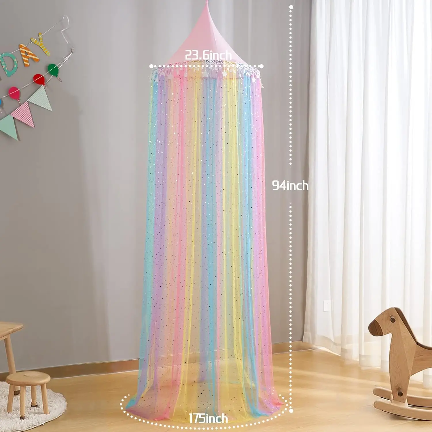 Rainbow Bed Canopy for Girls Shiny Kids Princess Round Dome Bed Curtain ...