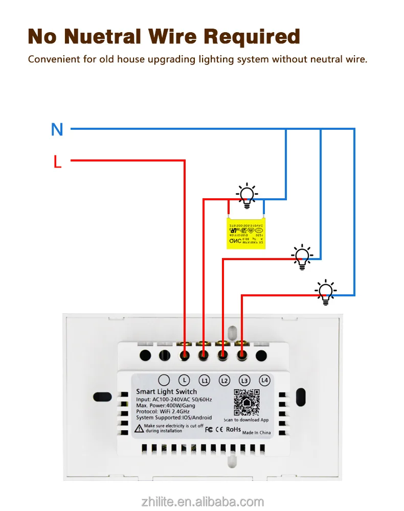 Smart Home Tempered Glass Touch Panel WiFi Smart Wall Switch No Neutral ...